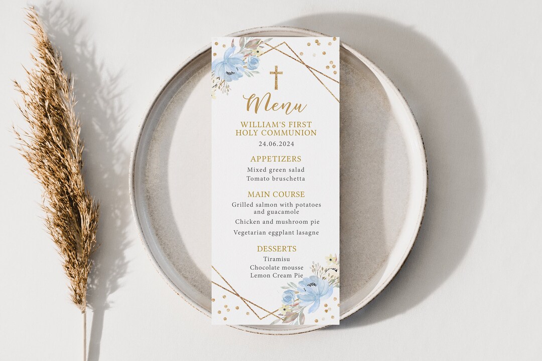 Boys First Holy Communion Menu, Baptism Menu Editable Template, Digital ...