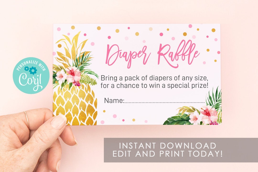 Editable Tropical Diaper Raffle Tickets, Pineapple Baby Shower Diaper ...