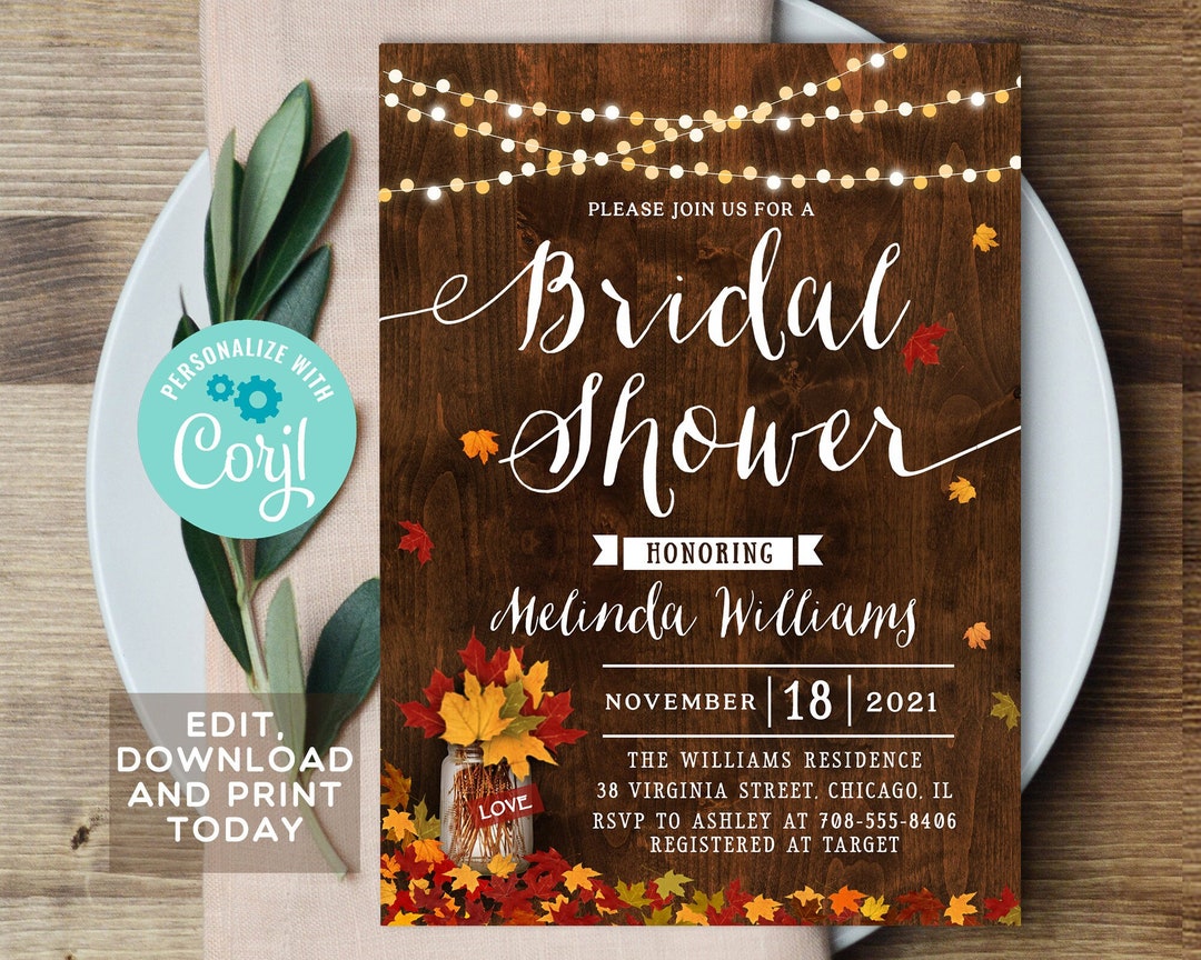 Fall Bridal Shower Invitation Template, Rustic Bridal Shower Invitation ...