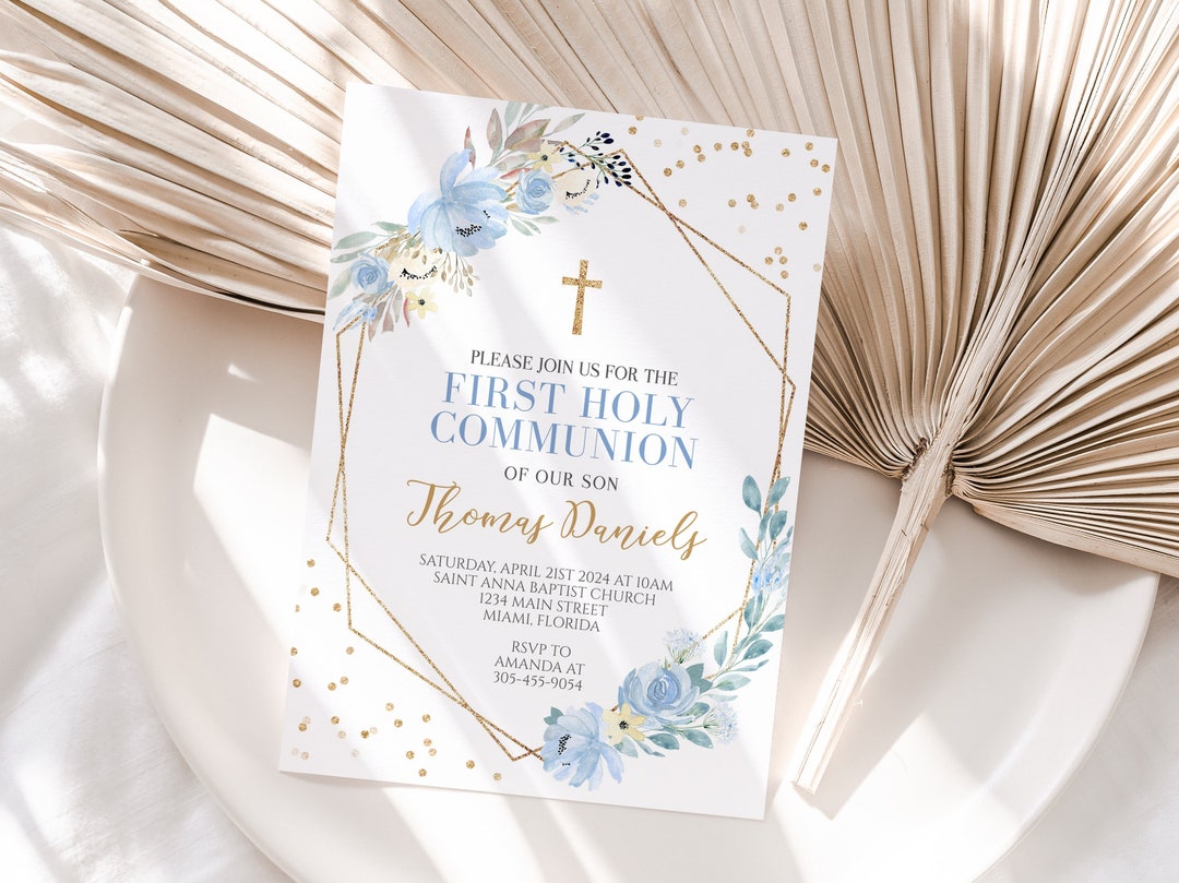 Boys First Holy Communion Invitation, Blue Communion Invitation ...