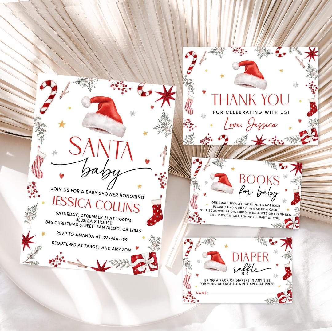 Santa Baby Shower Invitation Bundle, Christmas Baby Shower Set, Holiday ...