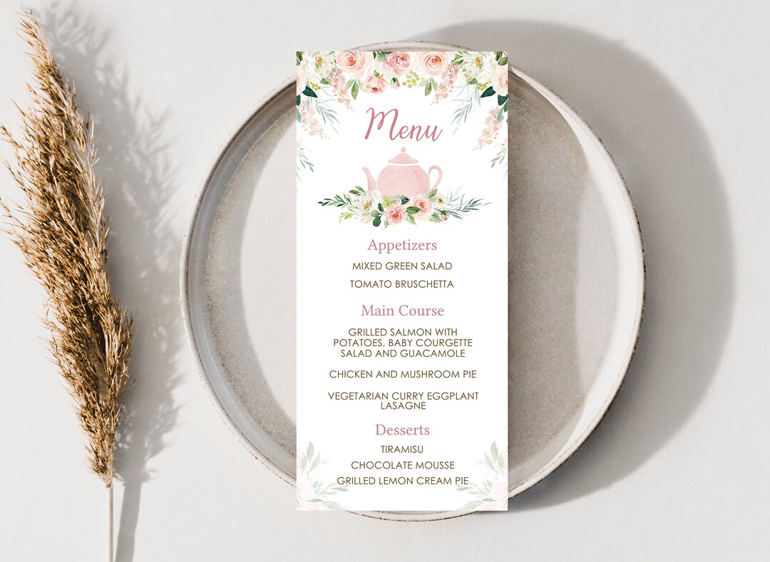 Editable Tea Party Menu Template Floral Tea Menu Card Bridal Tea Menu Cards Tea Birthday