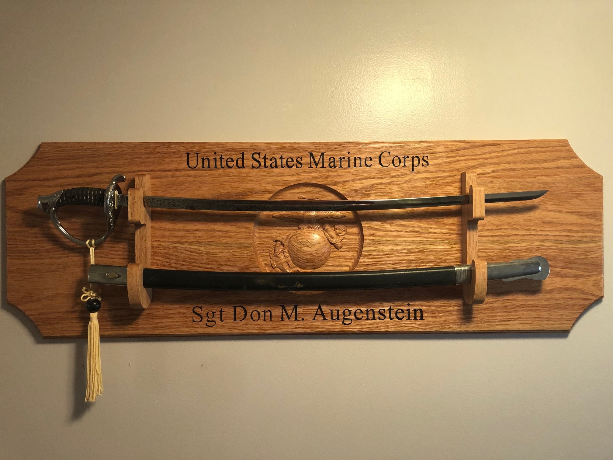 Engraved Oak Military Sword Display, Marine Corps NCO Saber Rack - Etsy ...
