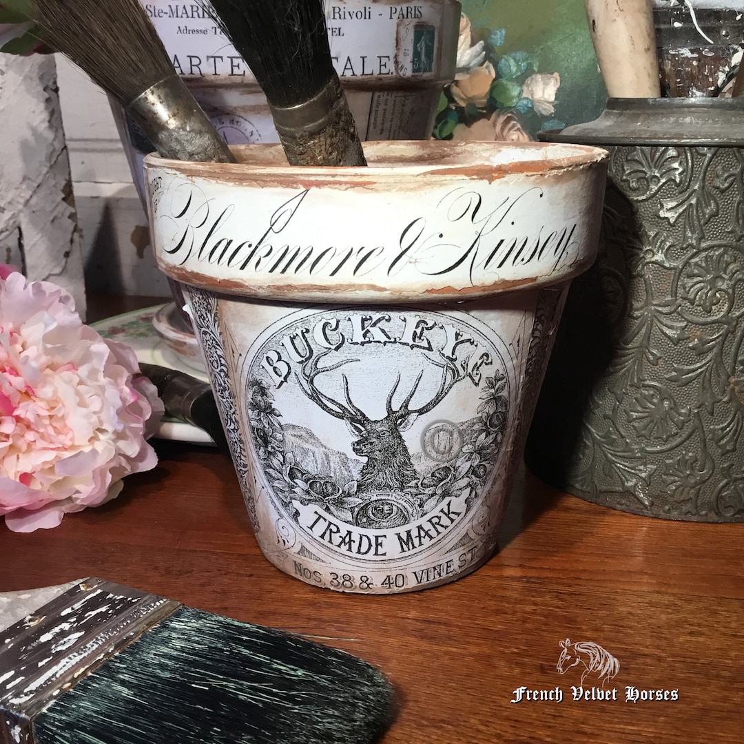 BUCKEYE PROVISIONS Deer Stag Plant Flower Pot Clay Mixed Media Collage ...