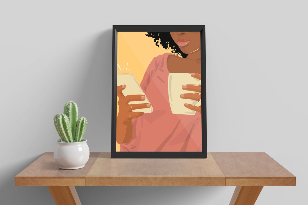 Black Girl Coffee And Phone Etsy