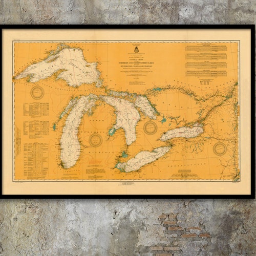 Old Great Lakes Lighthouse Map 1875 Vintage Nautical and | Etsy