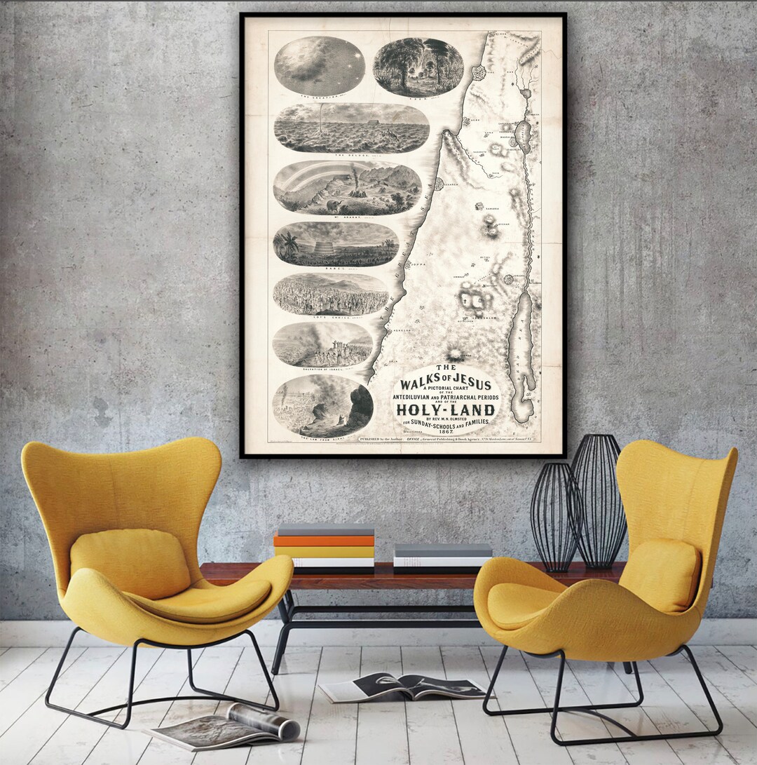 1867 Holy Land "walks of Jesus" Map Reprint, Holy Land Map Reprint ...