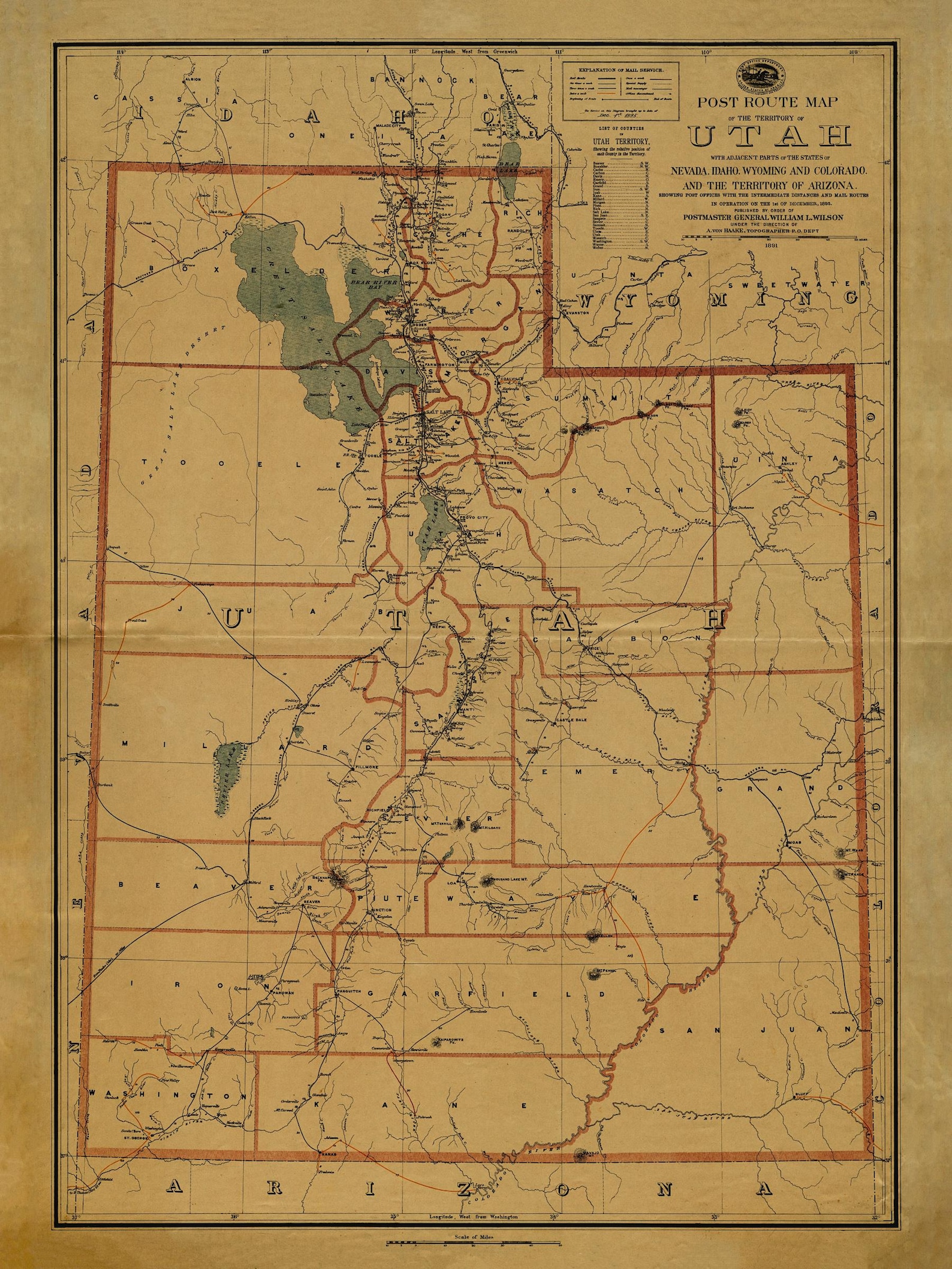1895 Utah Postal Route Map Reprint - Utah Map Decor/gift - 4 Sizes up ...