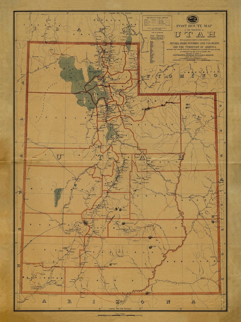 1895 Utah Postal Route Map Reprint - Utah Map Decor/gift - 4 Sizes up ...