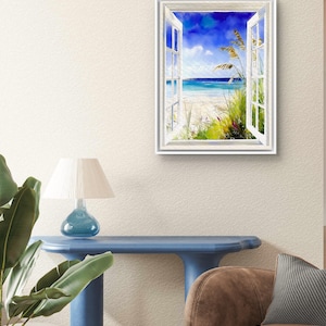 Watercolor Open Window View Print - Beach Art - View Through Window Art ...