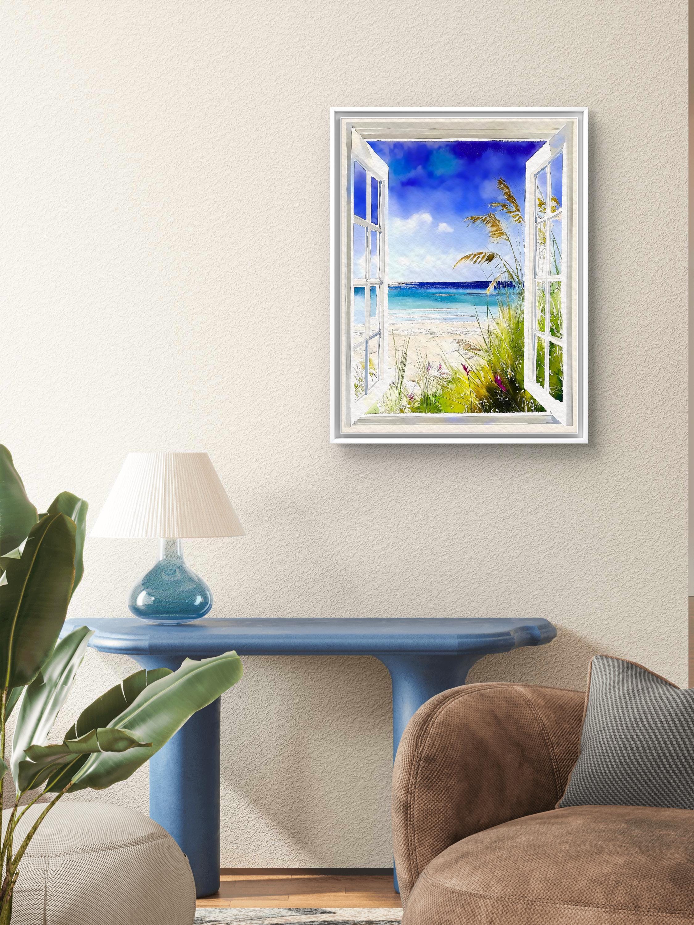 Watercolor Open Window View Print - Beach Art - View Through Window Art ...