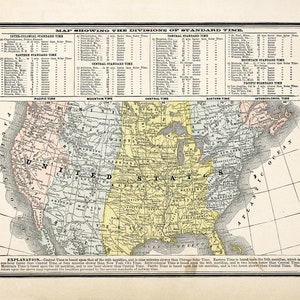 1887 USA Map Reprint, Vintage Cram's USA Time Zone Map Reprint, 4 Large ...
