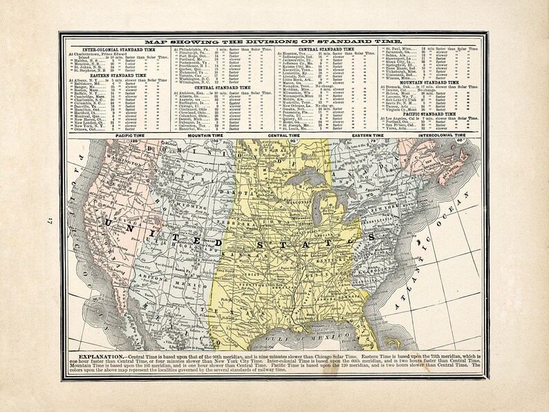 1887 USA Map Reprint, Vintage Cram's USA Time Zone Map Reprint, 4 Large ...