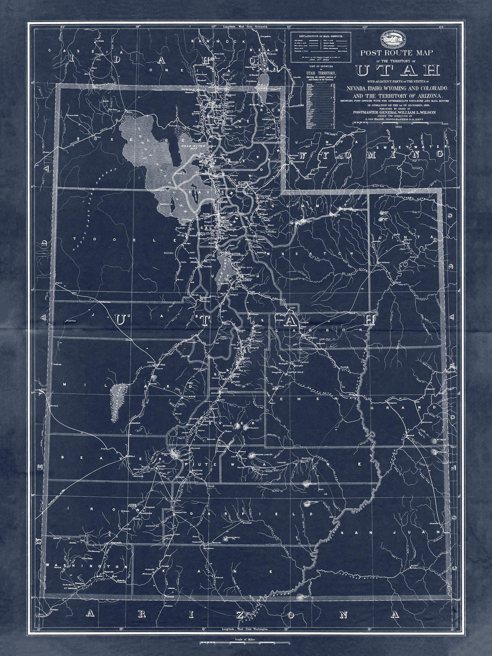 1895 Utah Postal Route Map Reprint - Utah Map Decor/gift - 4 Sizes up ...