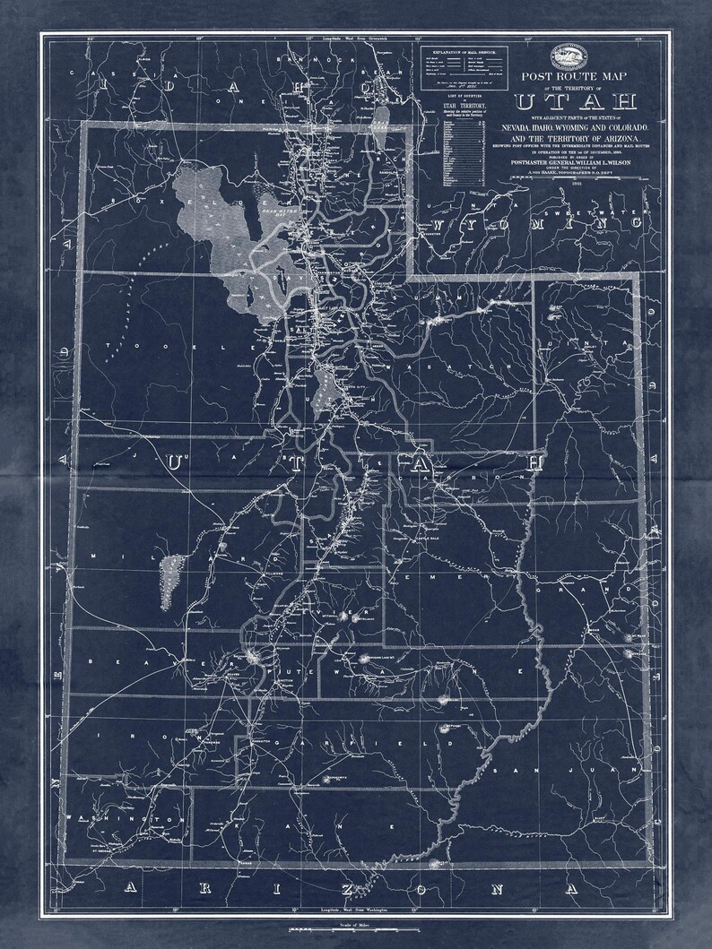 1895 Utah Postal Route Map Reprint - Utah Map Decor/gift - 4 Sizes up ...