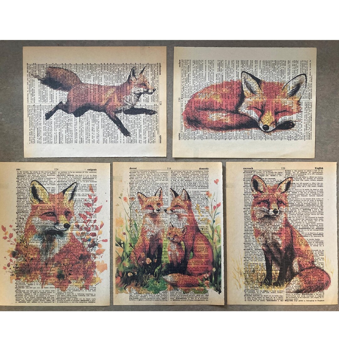 Fox Themed Dictionary Print Set - Fox Wall Art - 5 Piece Set -rustic ...