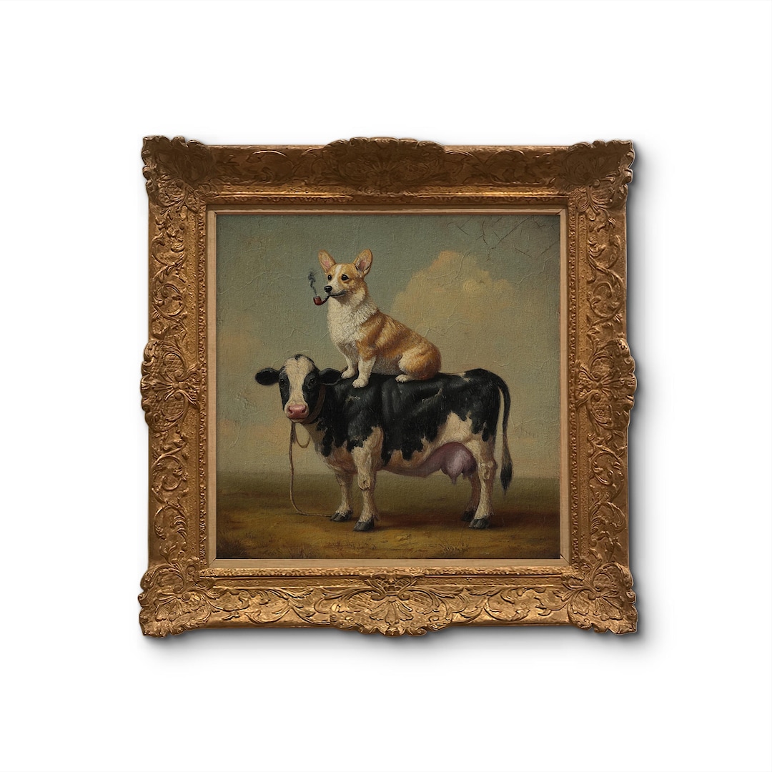 Corgi on Cow Smoking Pipe – Whimsical Vintage Animal Art Print ...