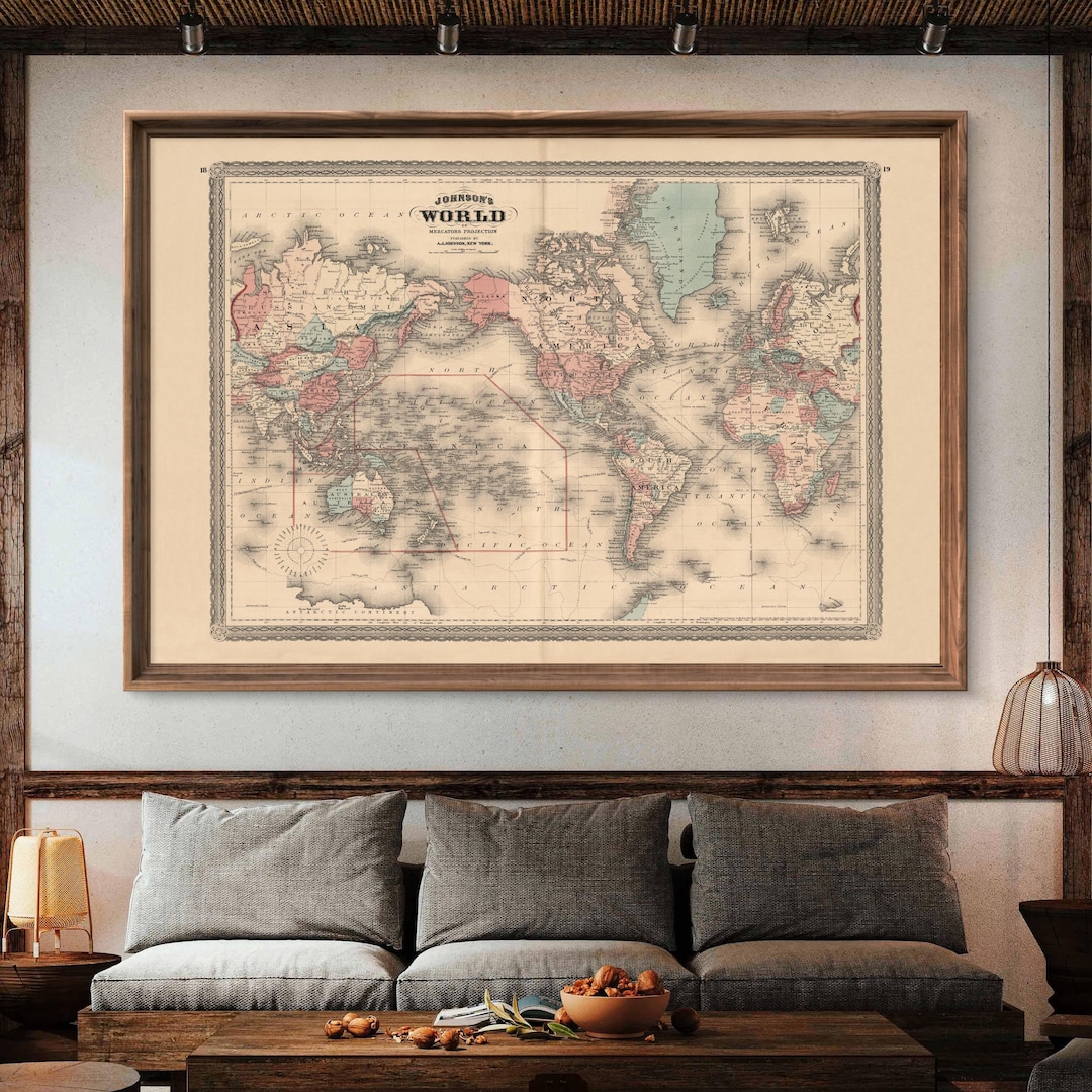 1870 World Map Reprint, Vintage 1870 Mercator's Projection Map Reprint ...