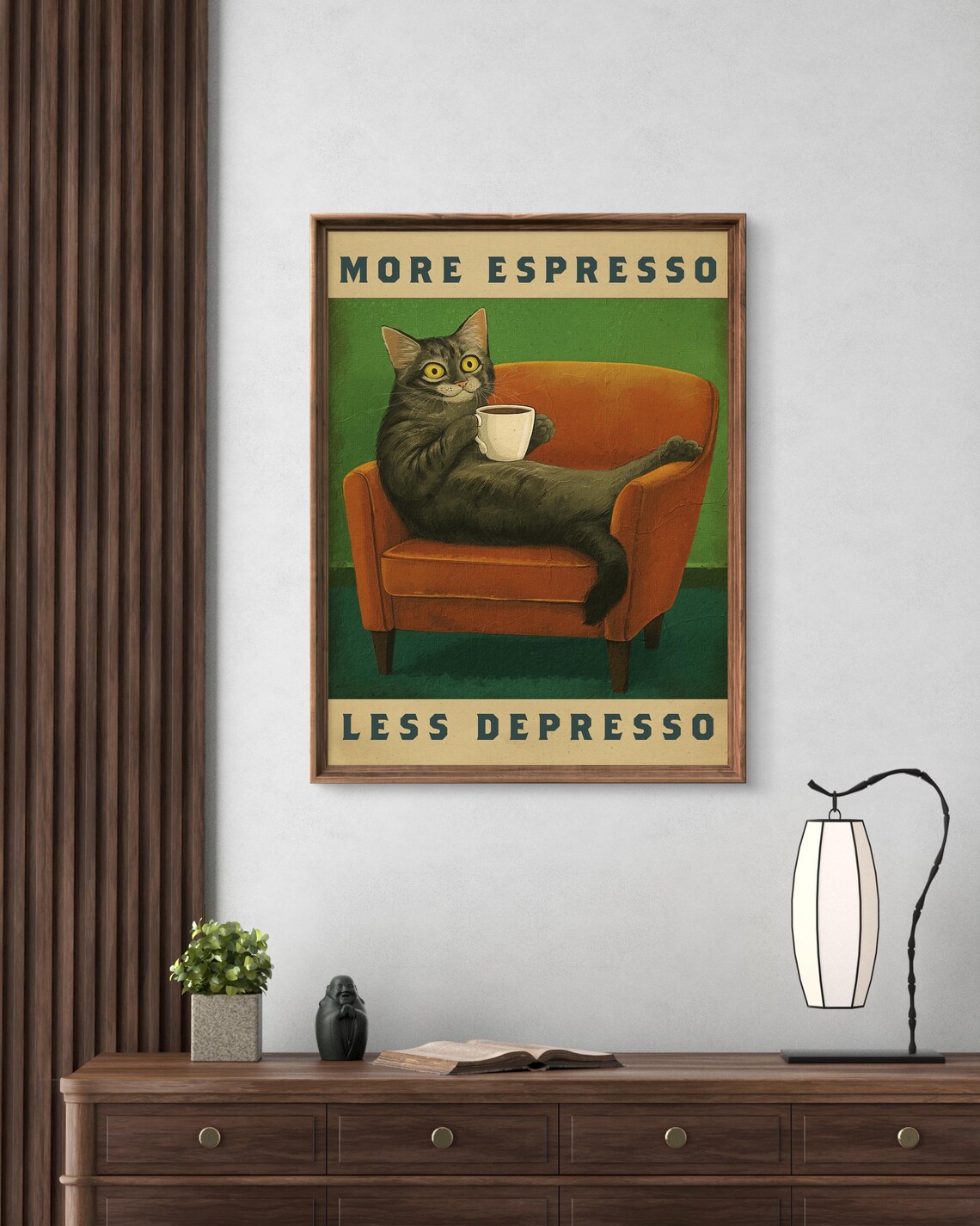 Funny Cat Coffee Poster - More Espresso Less Depresso - Retro Wall Art ...