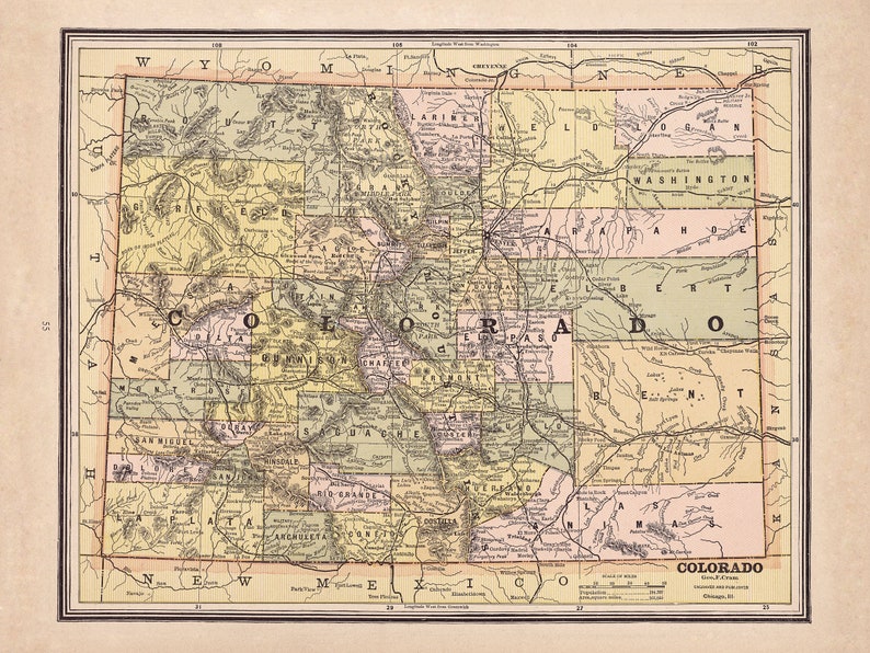 1887 Colorado Map Reprint, Vintage Cram's Colorado Map Reprint, 4 Large ...