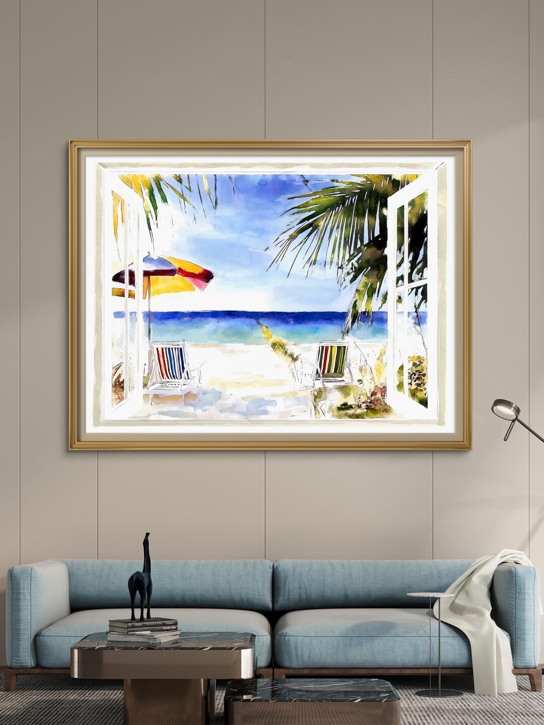 Watercolor Open Window View Print - Beach Art - View Through Window Art ...
