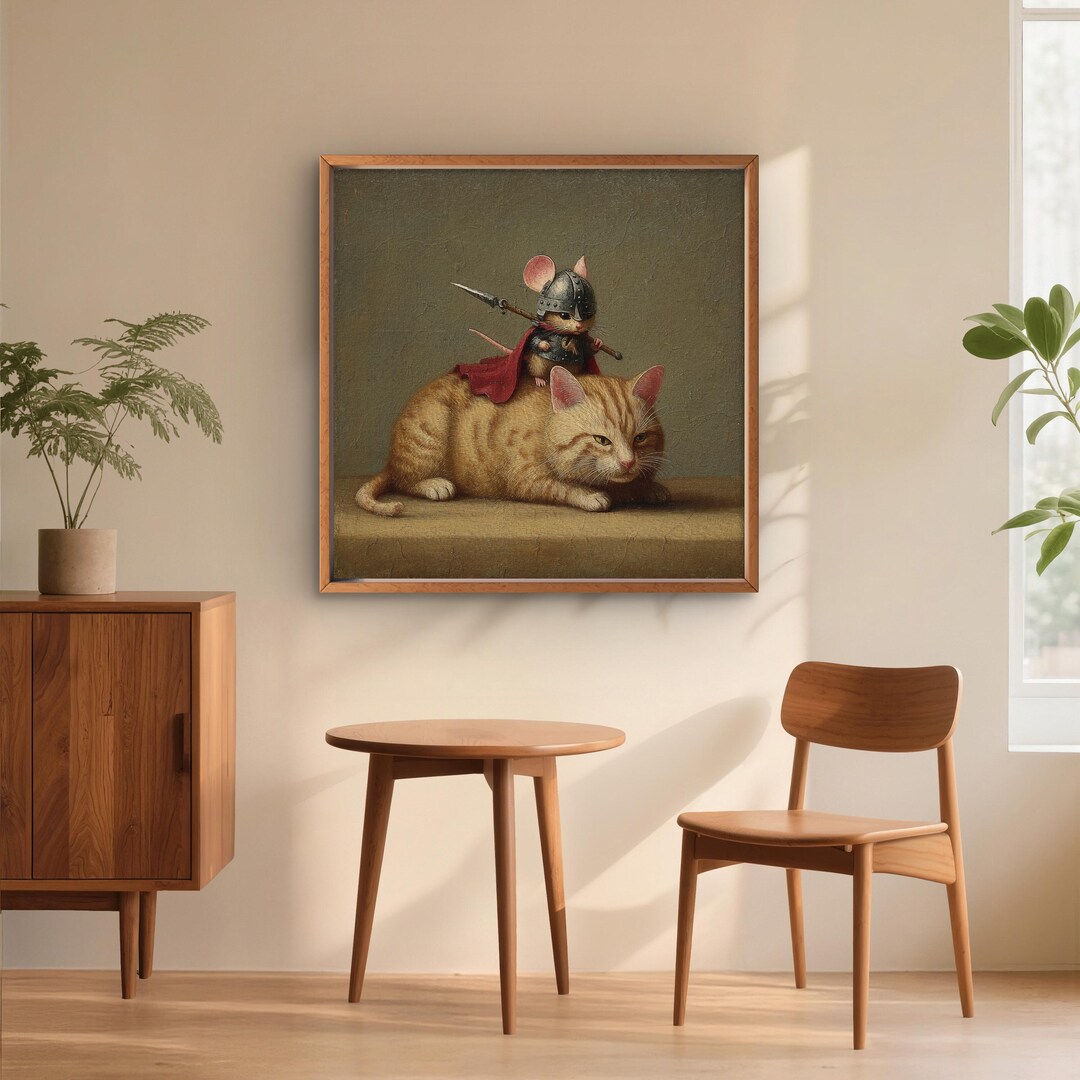Whimsical Warrior Mouse Riding Cat – Vintage-style Fairy Tale Animal ...