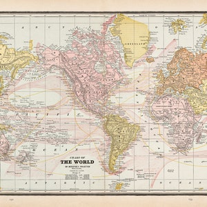 1887 World Map Reprint , Vintage Cram's "chart of the World" Map ...
