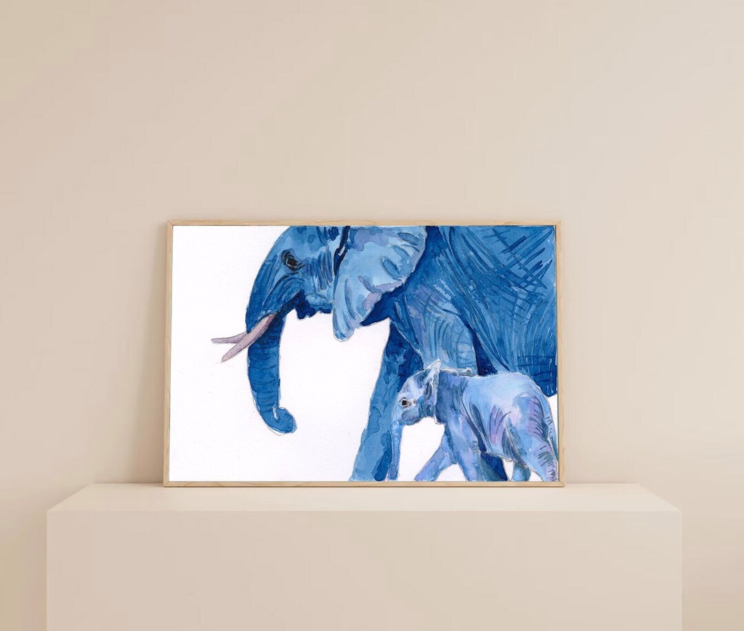 Blue Elephant Watercolor Art Print, Elephant Art Print, Children Room ...