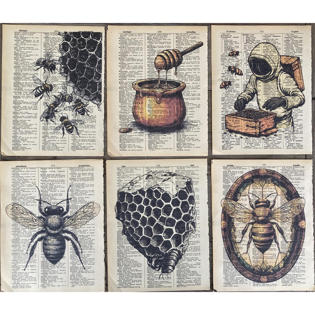 Bee Themed Dictionary Print Set - Bee & Beehive, - Rustic Honeybee ...
