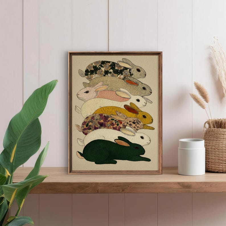 Colorful Mid-century Rabbits Art Print – Whimsical Floral Rabbits ...
