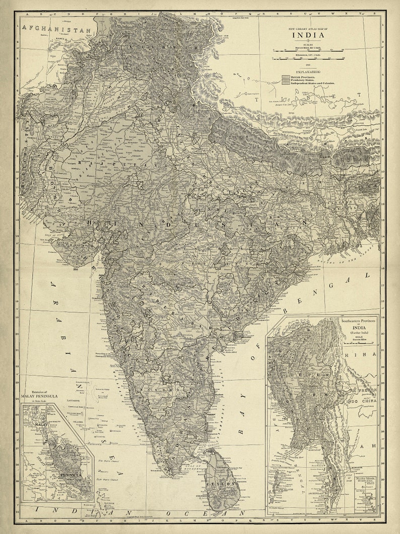 1912 India Map Reprint - SE Asia/india Map Decor - 6 L/XL Sizes up to ...