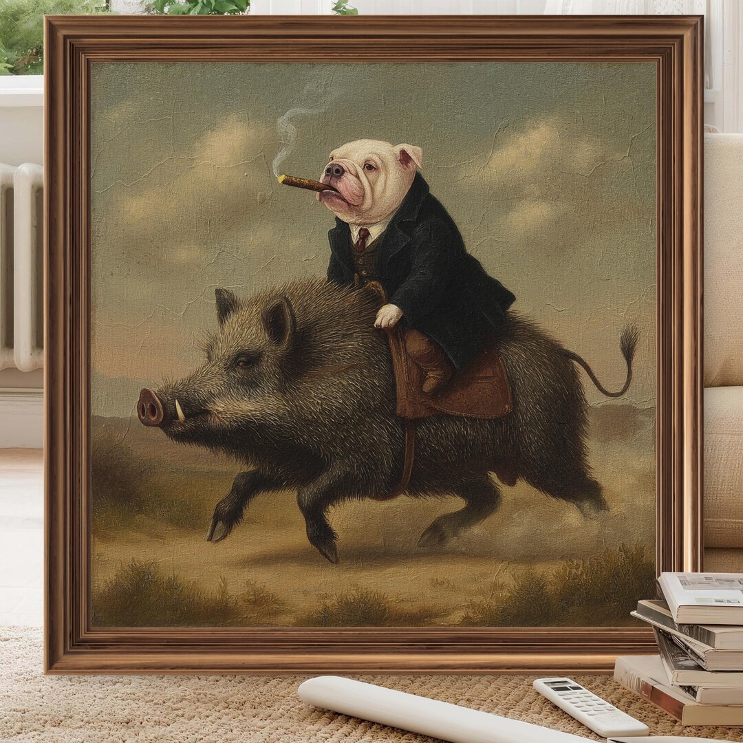 Bulldog Riding Wild Boar Wall Art, Vintage-style Surreal Animal Oil ...