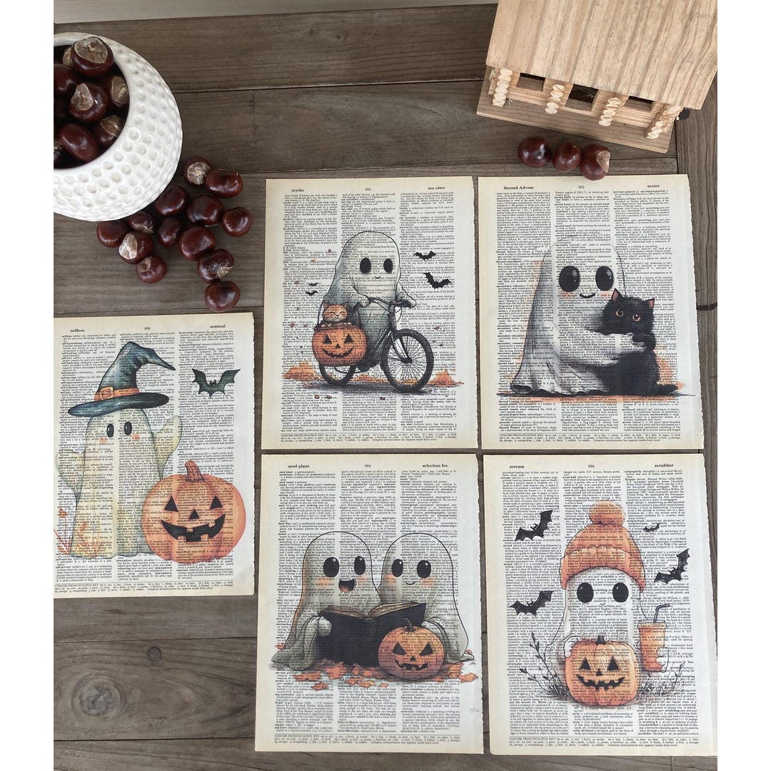 Cute Halloween Ghost Themed Dictionary Print 5-piece Set - Fall Wall ...