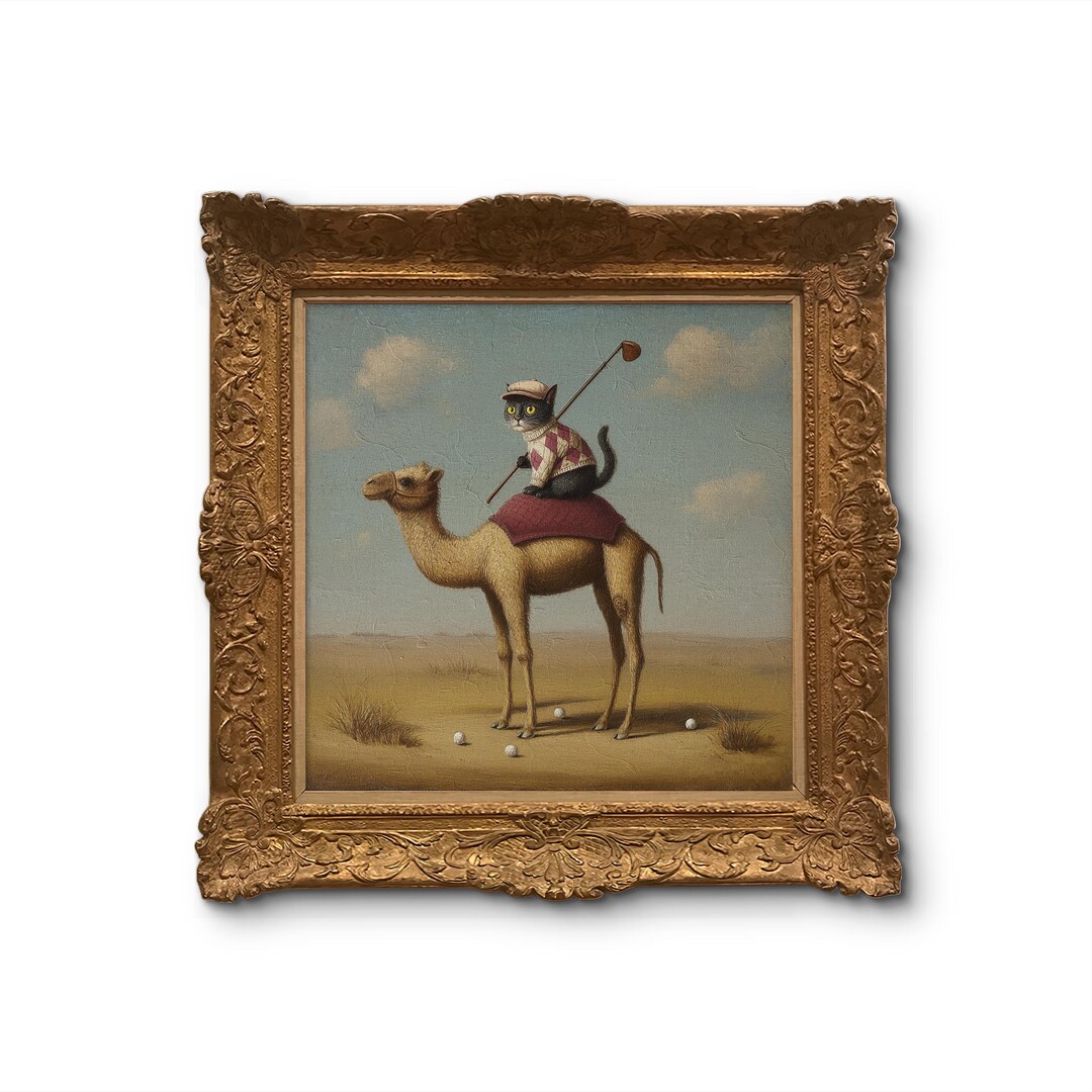 Whimsical Cat Golf Riding Camel Art Print – Funny Animal Painting ...