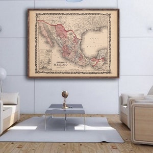 1862 Johnson's Mexico Map Reprint, Vintage Mexico Map Reprint 3 Color ...