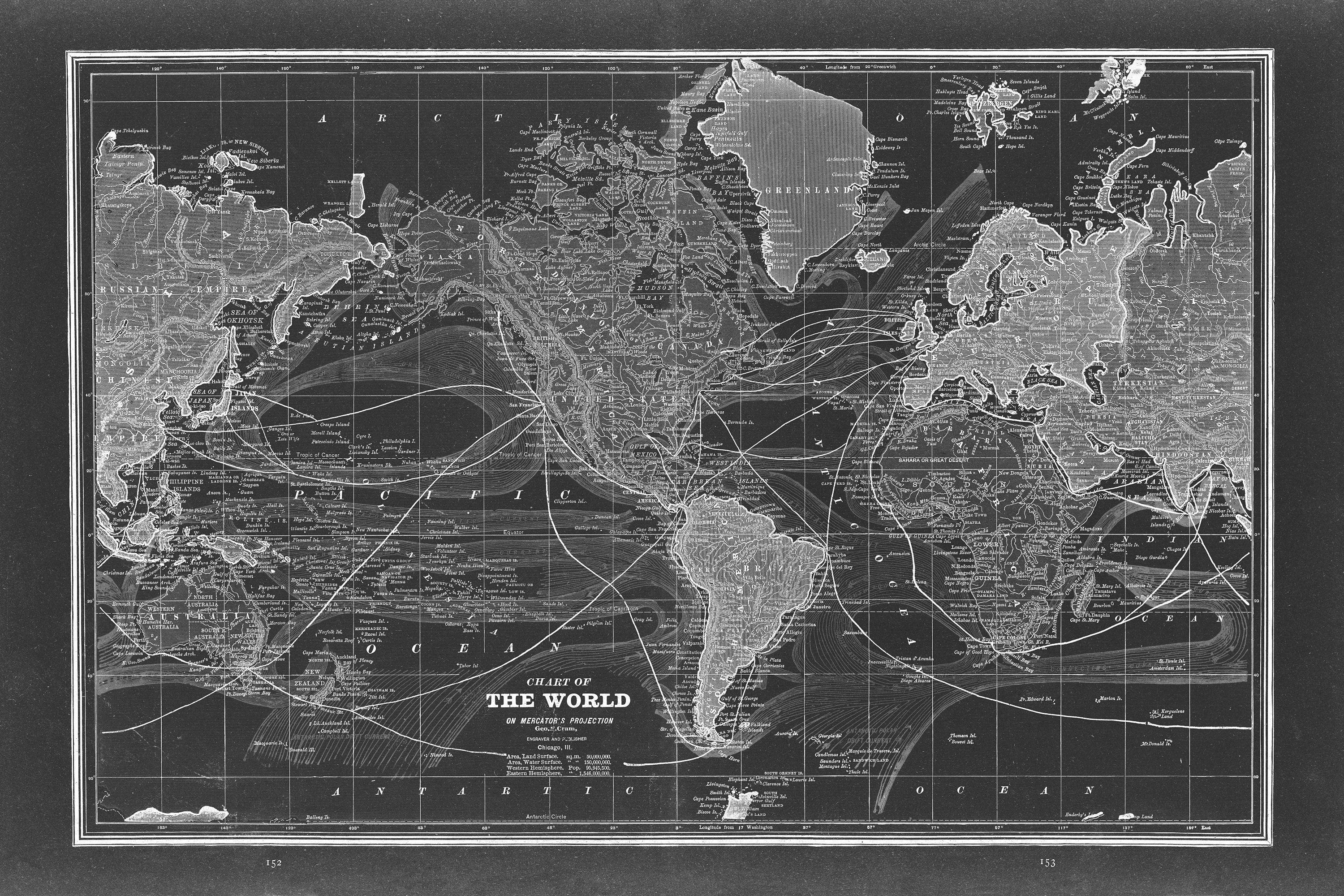 1887 World Map Reprint , Vintage Cram's "chart of the World" Map ...