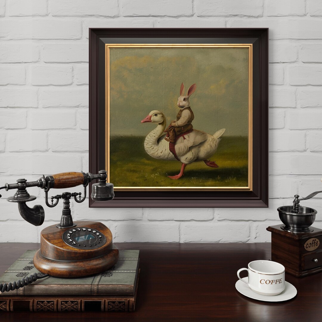 Rabbit Riding a Goose – Vintage-style Whimsical Animal Wall Art Poster ...