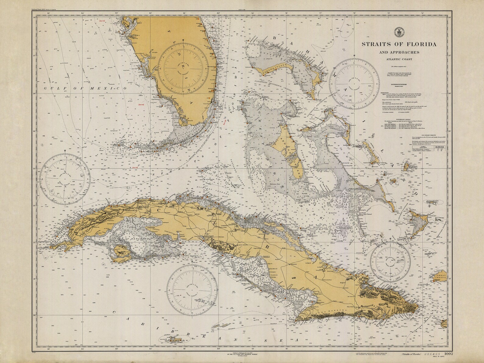 1933 Straits of Florida Nautical Chart Reprint - Florida Keys ...