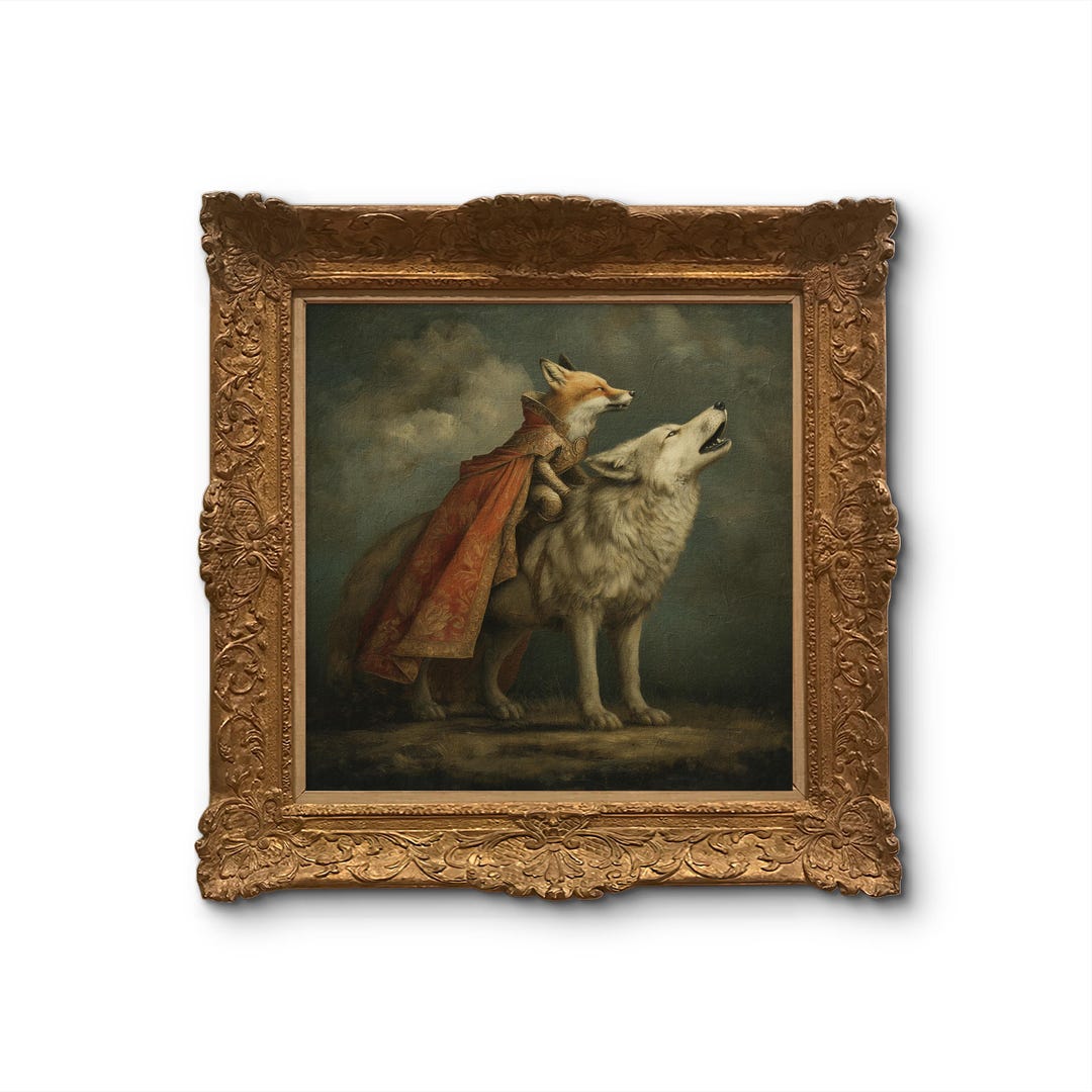 Regal Fox Riding White Wolf – Medieval Fantasy Animal Oil Painting ...
