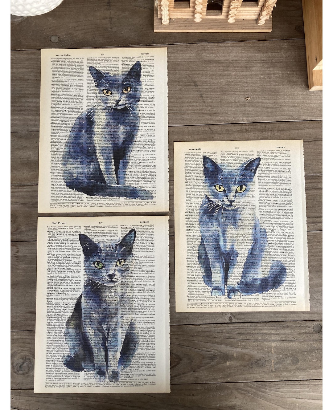Cat Themed Dictionary Prints, 3-piece Set ,watercolor Gray Cat ...
