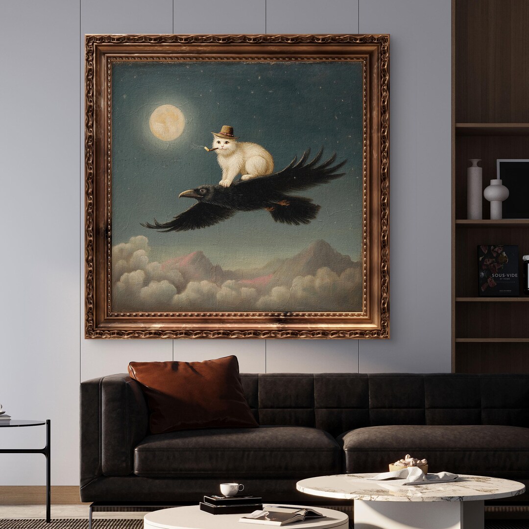 Fantasy Cat and Raven Oil Painting Print - Whimsical Moonlight Vintage ...