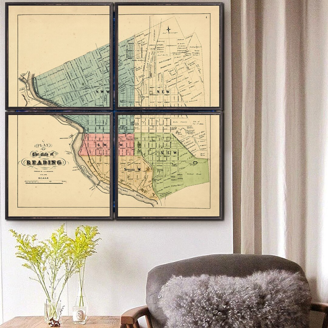 1862 Reading (pennsylvania) Map Reprint - Square Map - 6 L/XL Sizes up ...