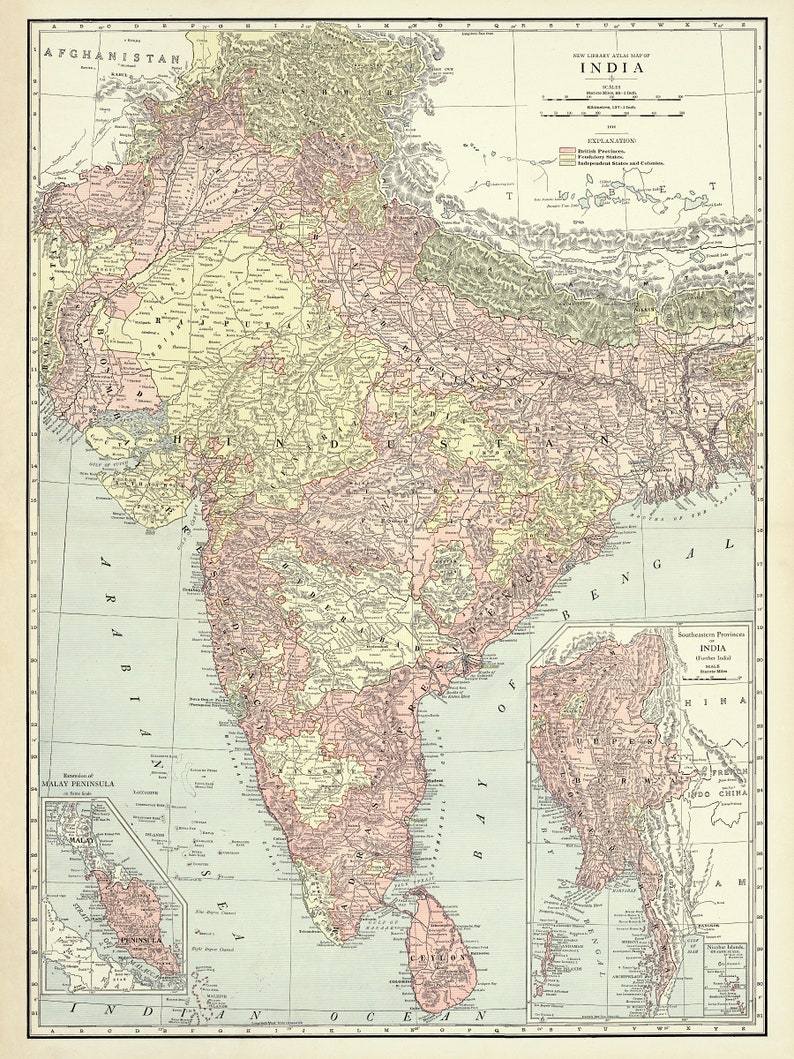 1912 India Map Reprint - SE Asia/india Map Decor - 6 L/XL Sizes up to ...