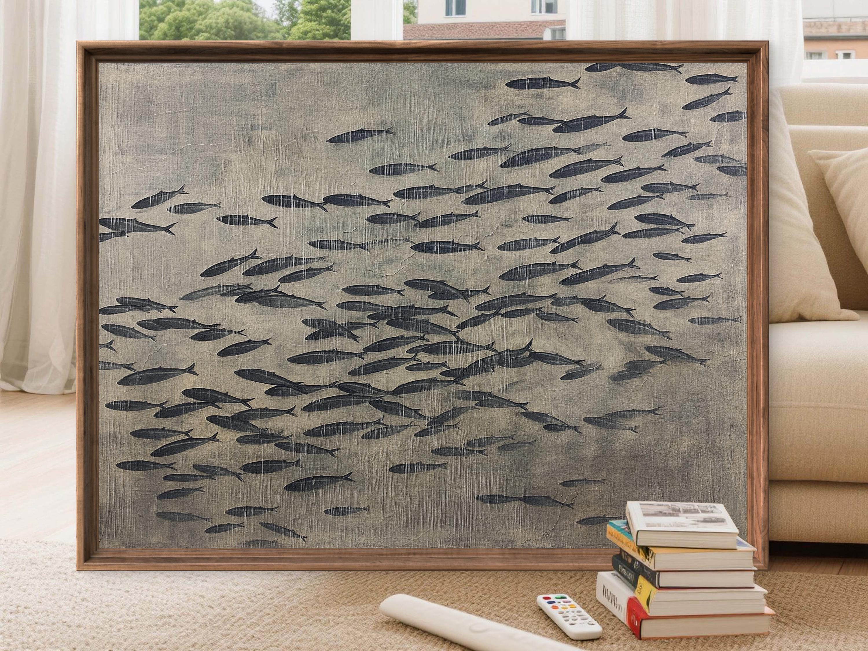Minimalist Fish School Painting Print, Modern Ocean Wall Art, Neutral ...