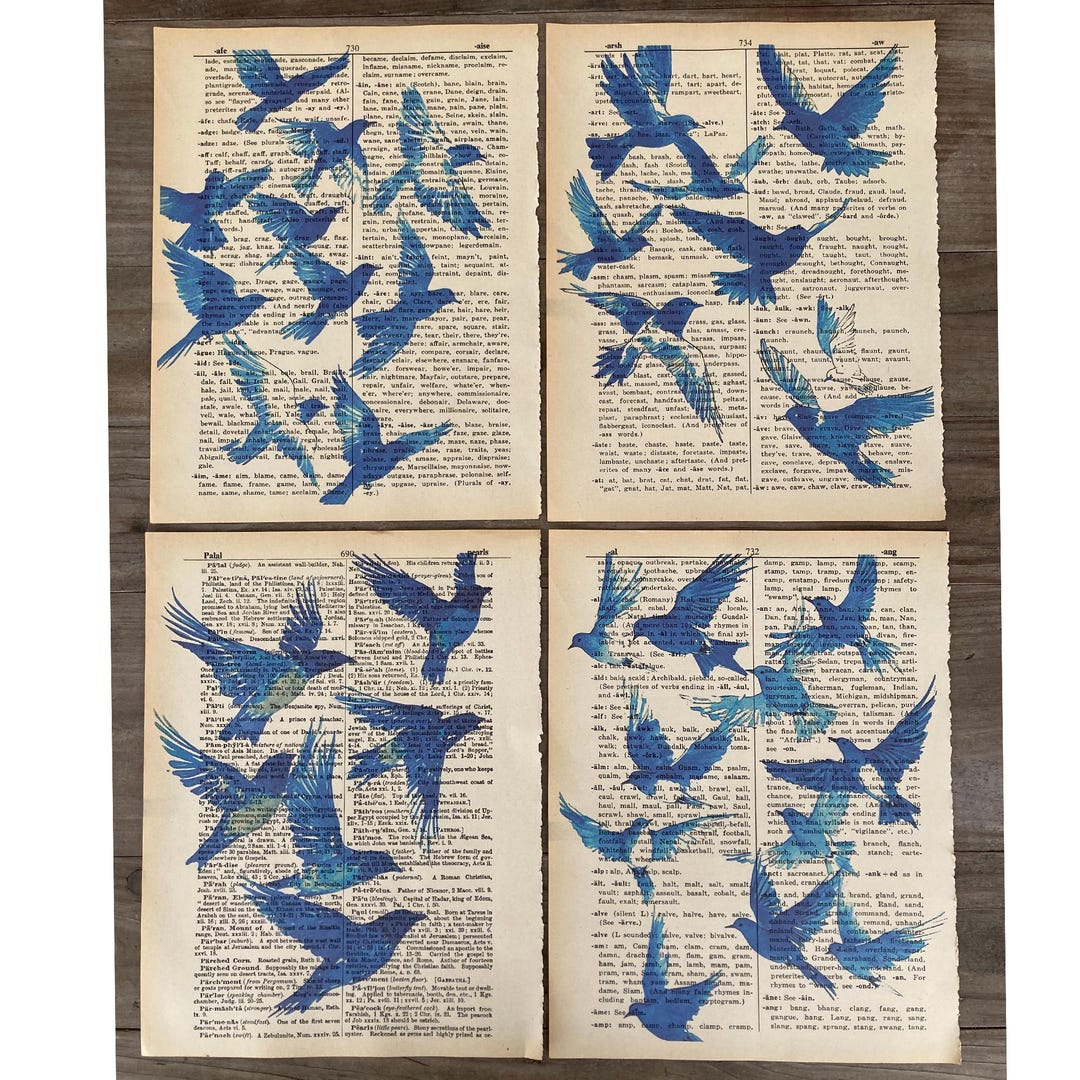 Blue Bird Themed Dictionary Prints - 4 Piece Set Watercolor Bird Print ...