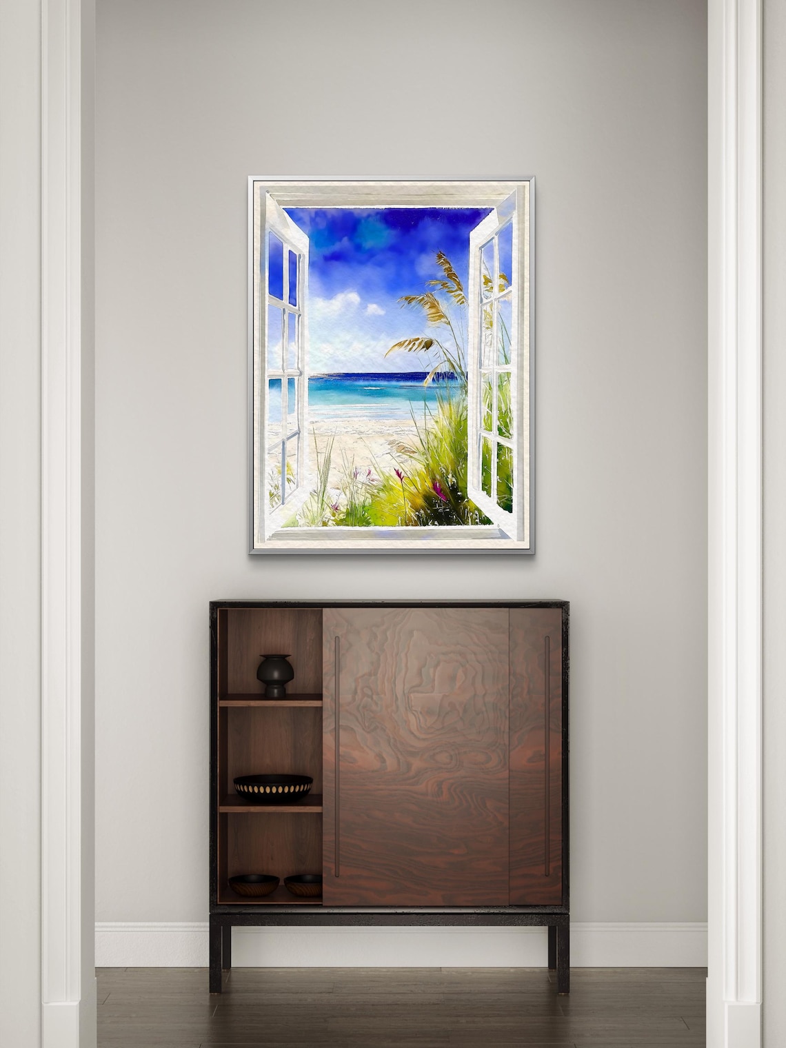 Watercolor Open Window View Print - Beach Art - View Through Window Art ...