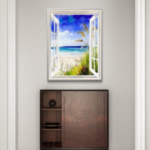 Watercolor Open Window View Print - Beach Art - View Through Window Art ...