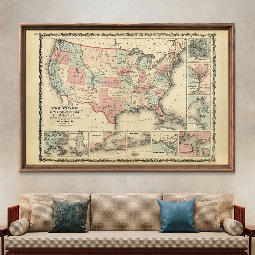 1862 Johnson's New Military Map of the United States, Vintage USA Civil ...