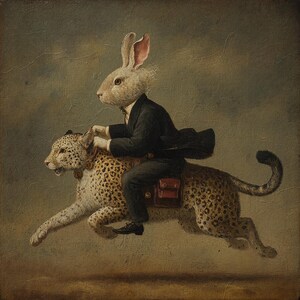 Dapper Rabbit Riding a Leopard – Surreal Vintage-style Animal Portrait ...