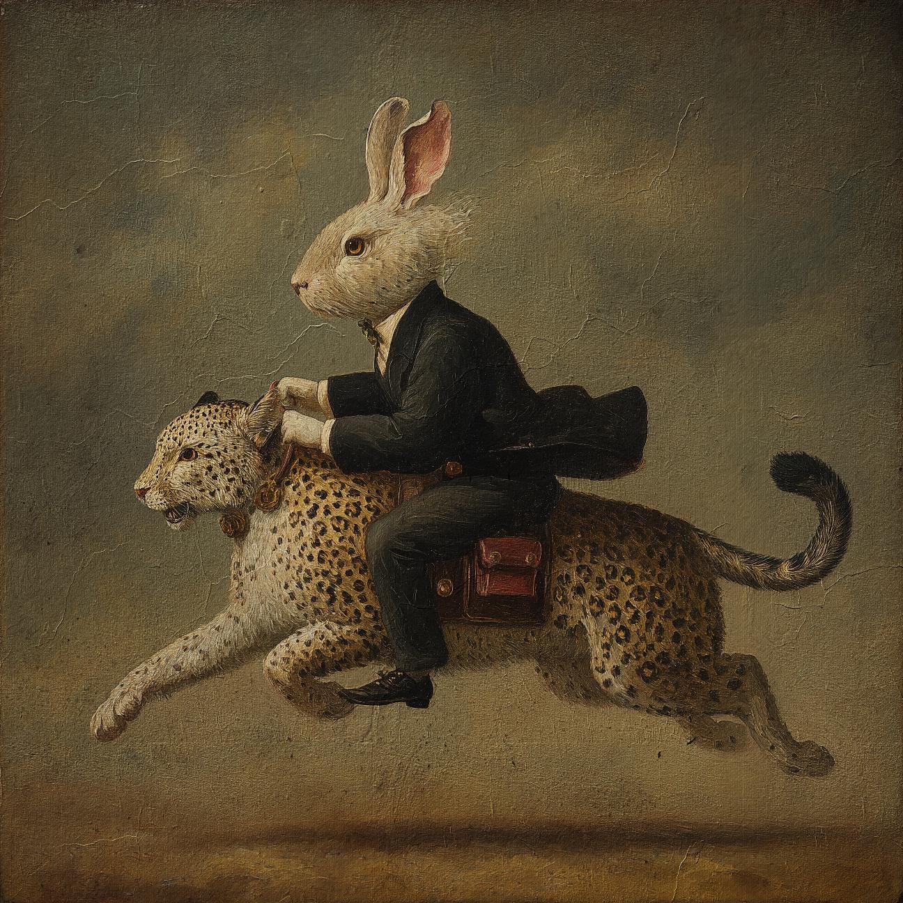 Dapper Rabbit Riding a Leopard – Surreal Vintage-style Animal Portrait ...